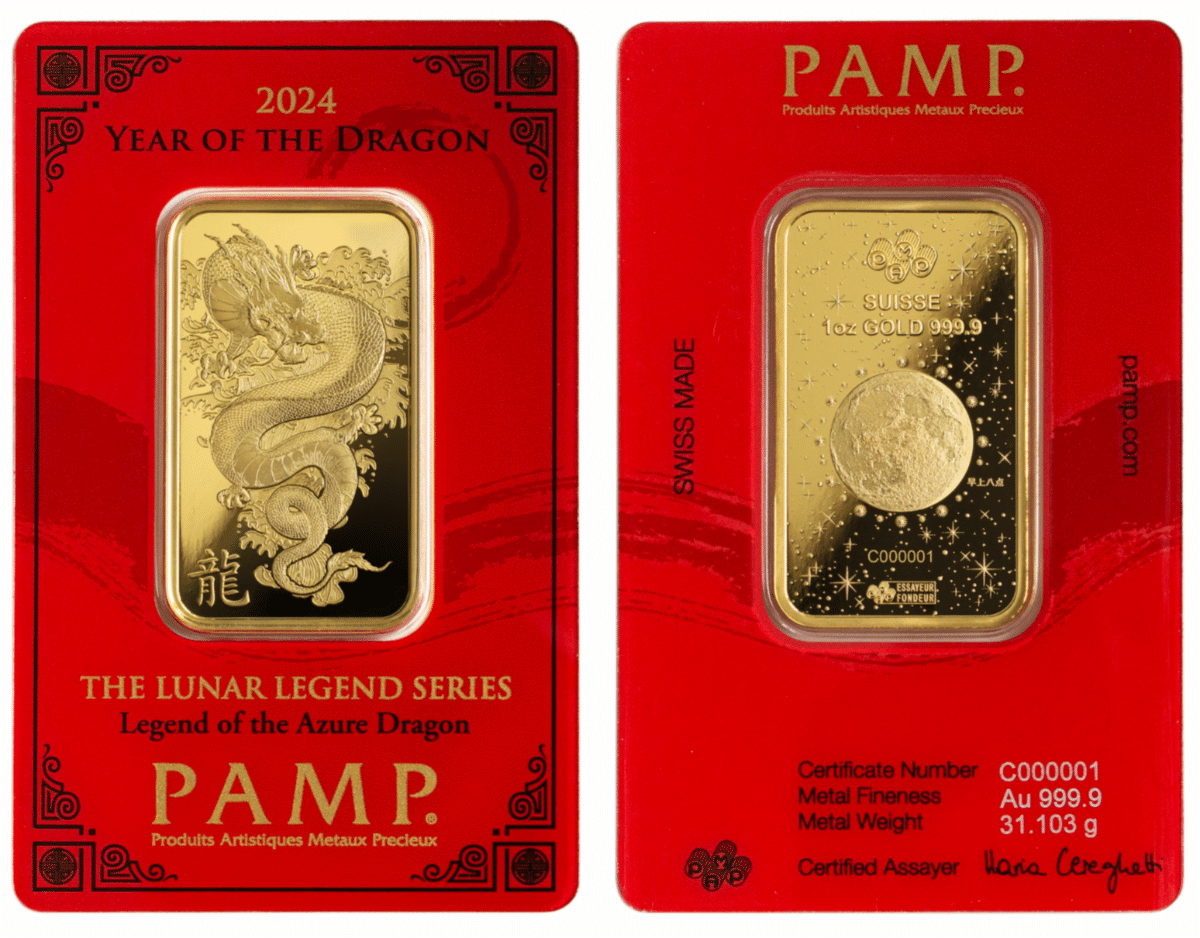 2024 1 oz Gold Bar PAMP – Legend of the Azure Dragon - Bullion Trading LLC